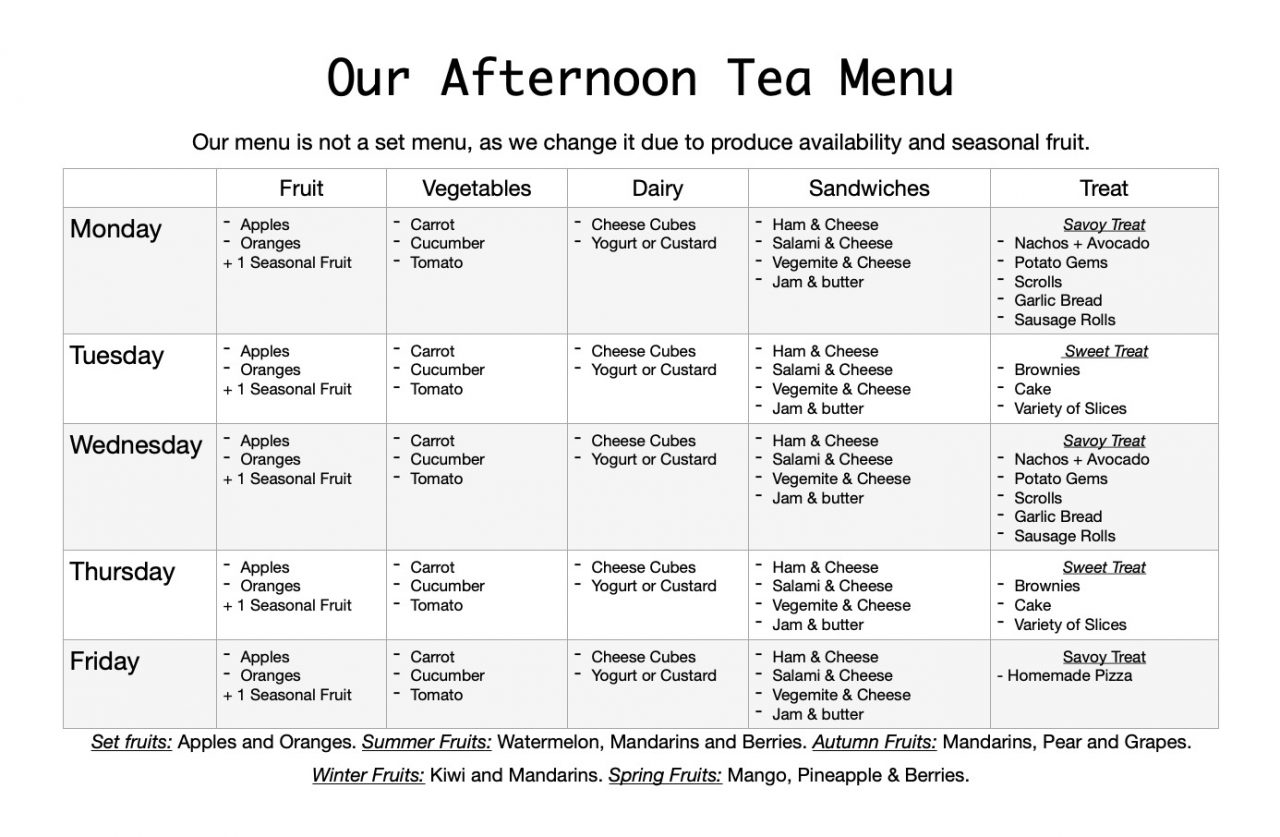 New Afternoon Tea Menu for After School Care! – Avalon School OOSH
